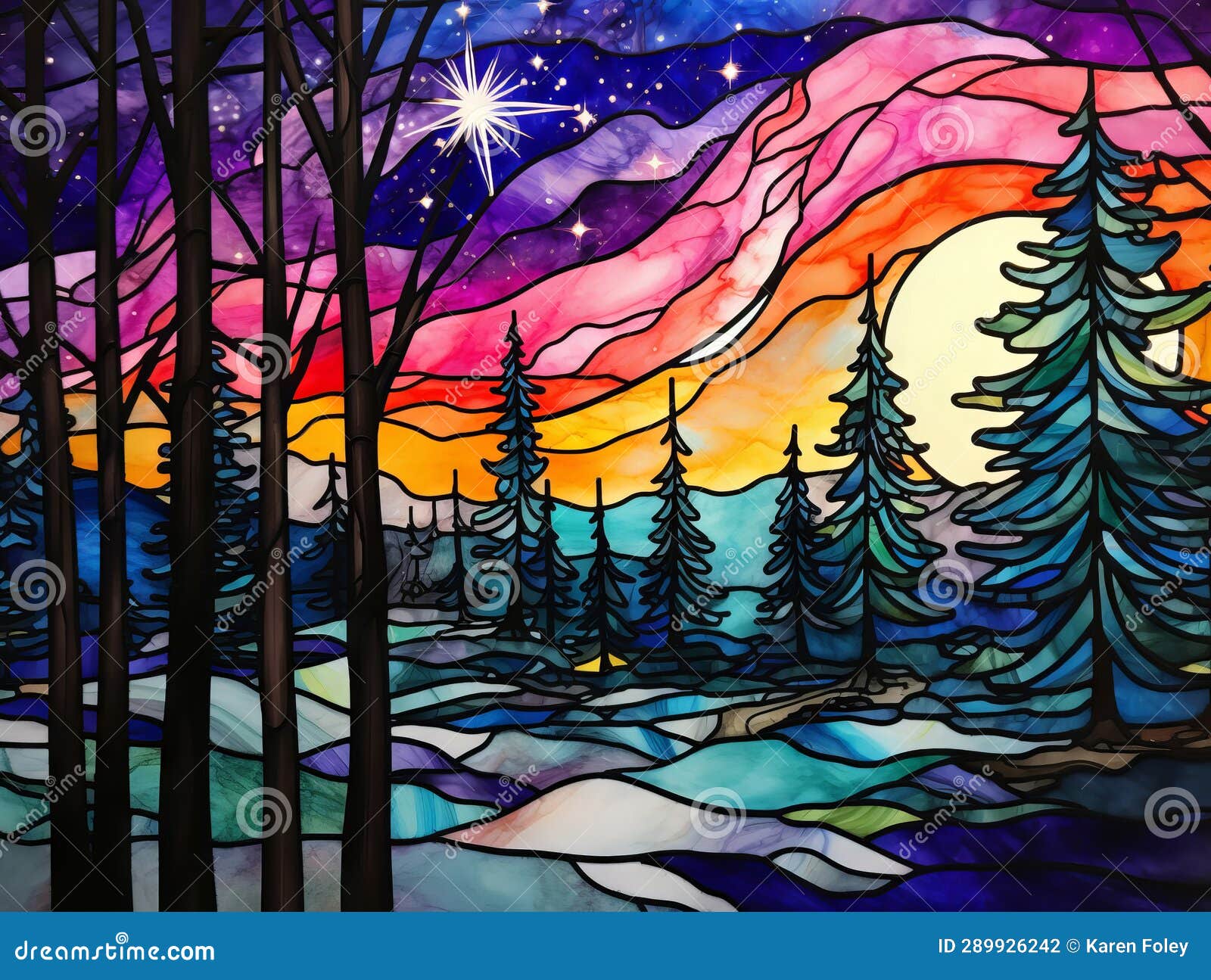 Country Landscape in Stained Glass Stock Photo - Image of space, trees ...