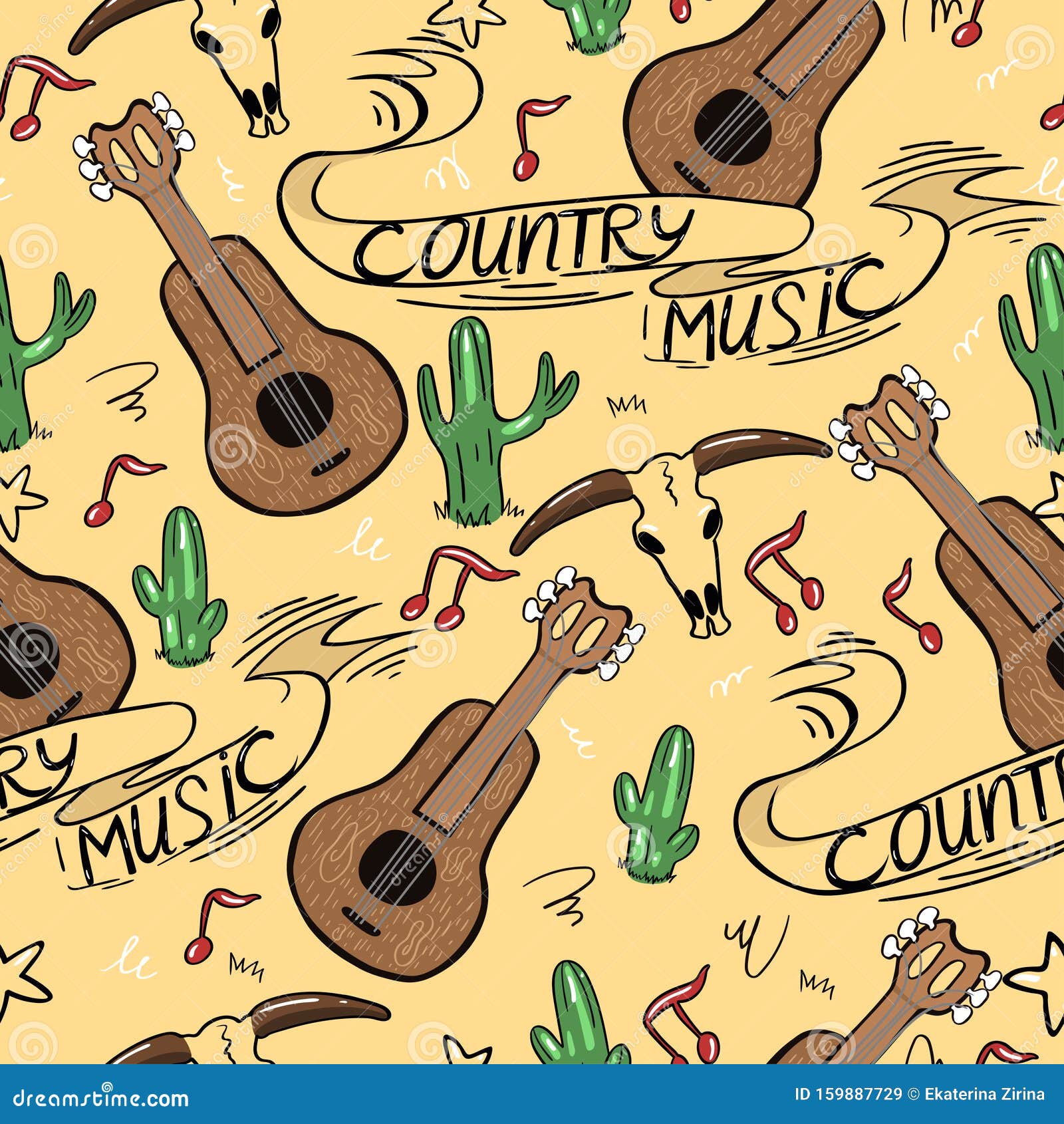Country Music Seamless Pattern with Guitars, Cacti, Notes and ...