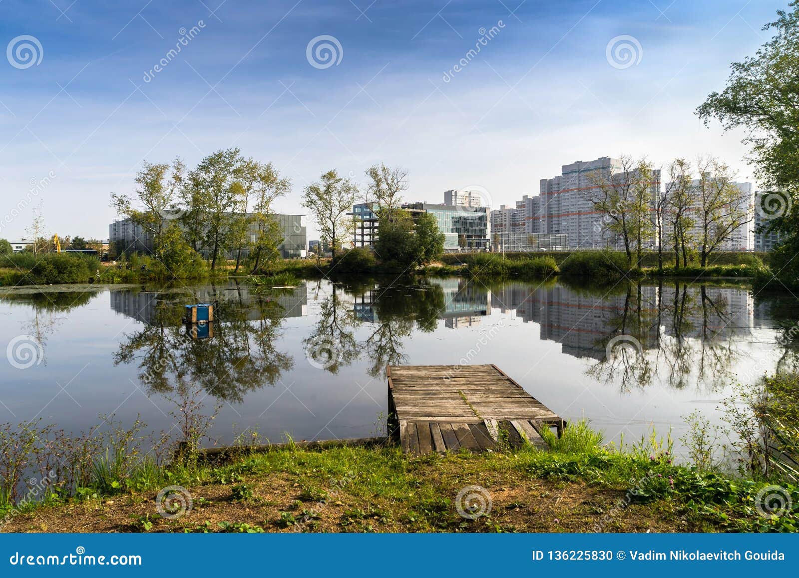 Country Pond with Reflection of Highrises Stock Photo - Image of ...