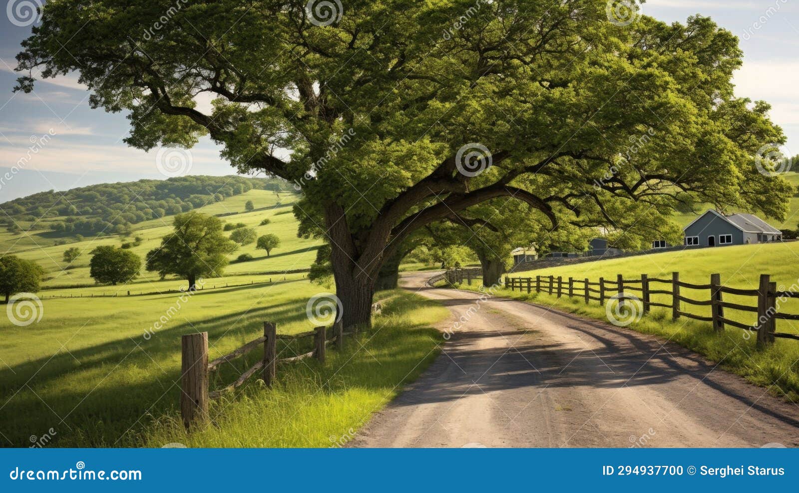 A Country Road with a Fence and Trees, AI Stock Photo - Image of tree ...