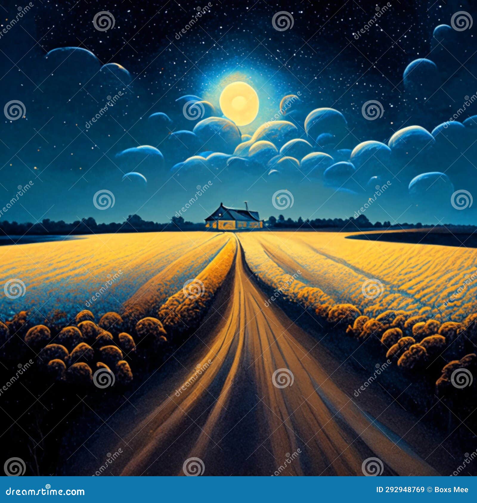 Country Road through the Fields at Night. 3d Rendering. Computer ...