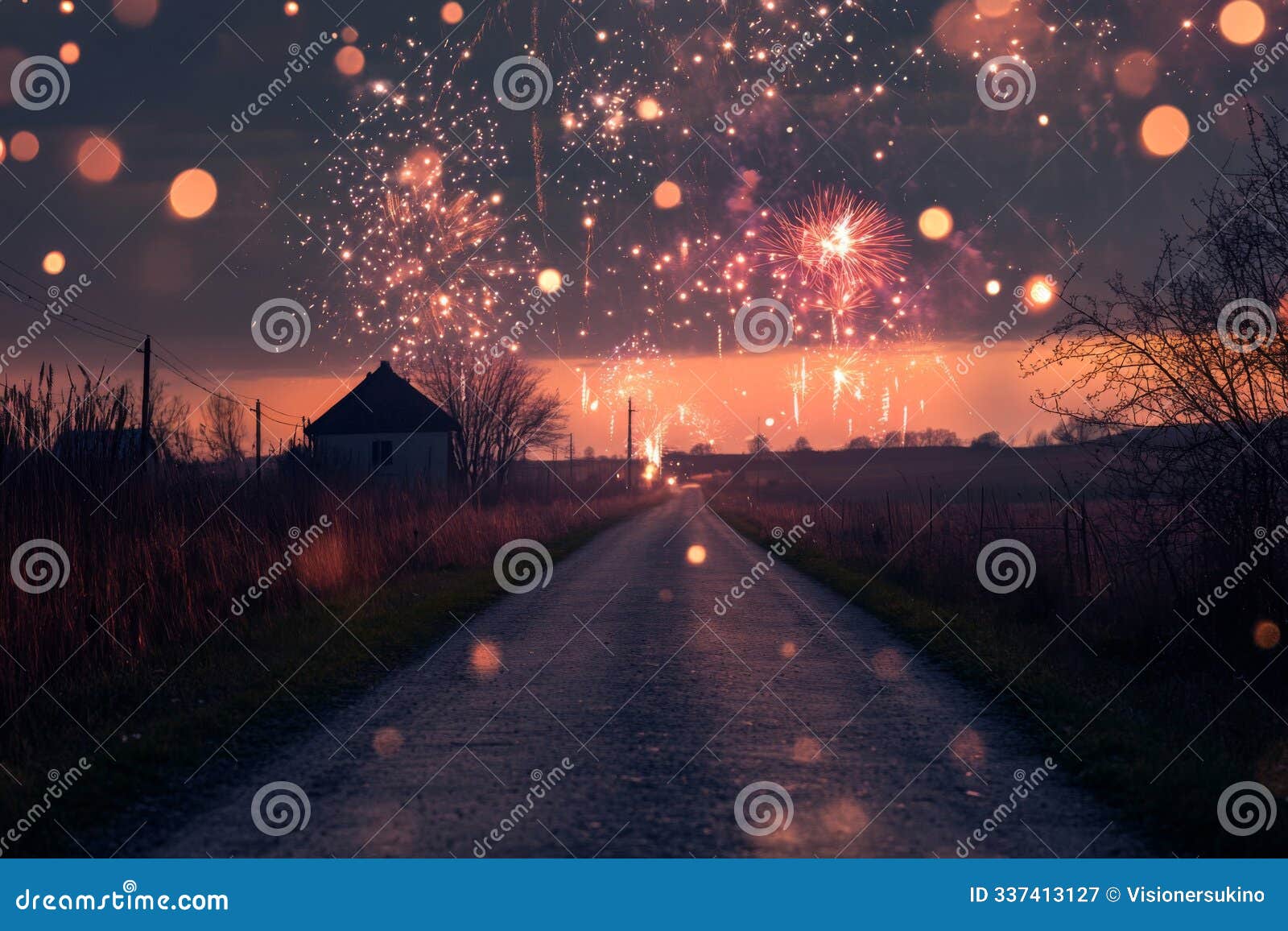 Country Road with Fireworks Display in the Night Sky Stock Illustration ...