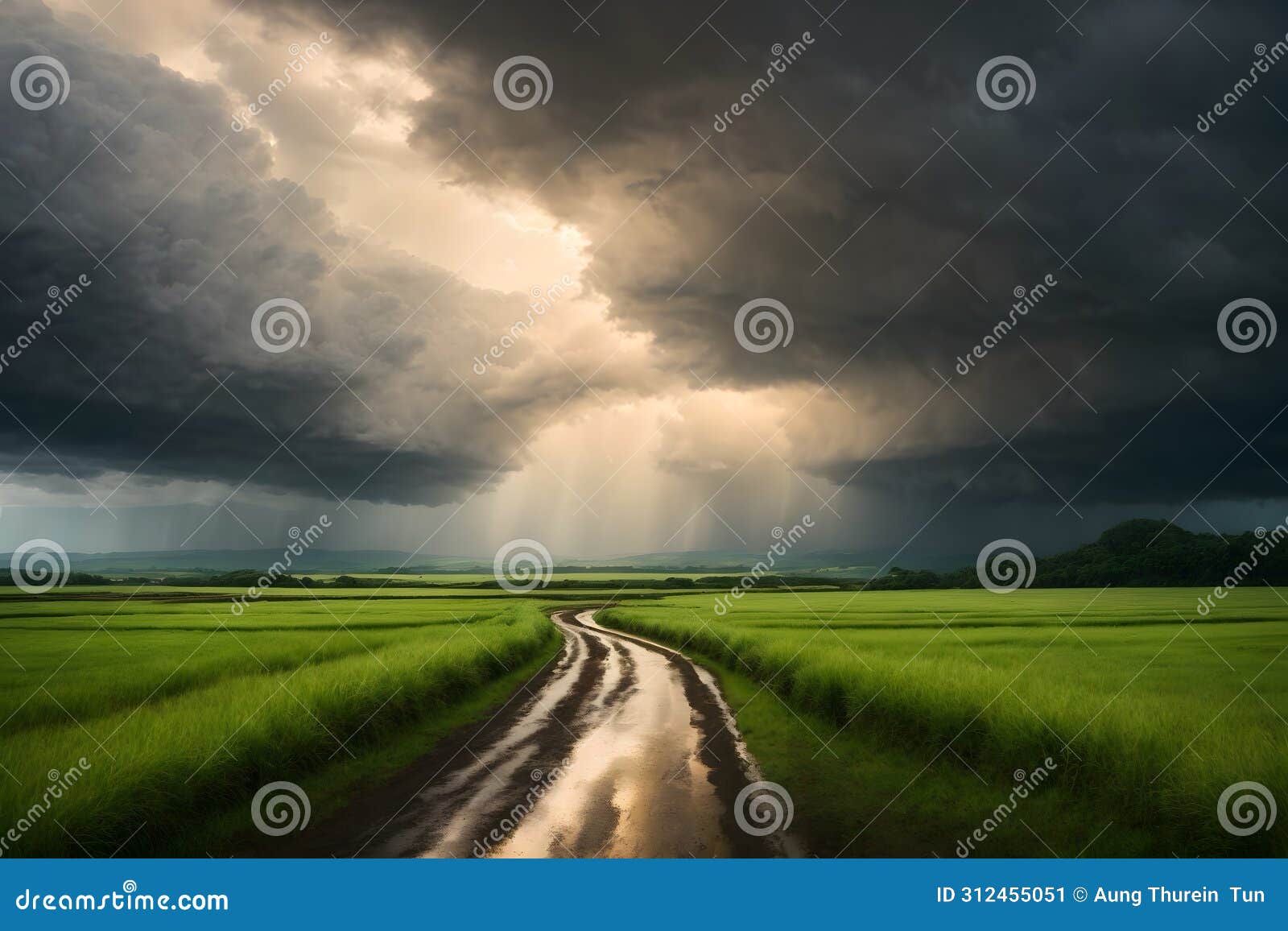 A Country Road with Rain Clouds Background Stock Image - Image of ...