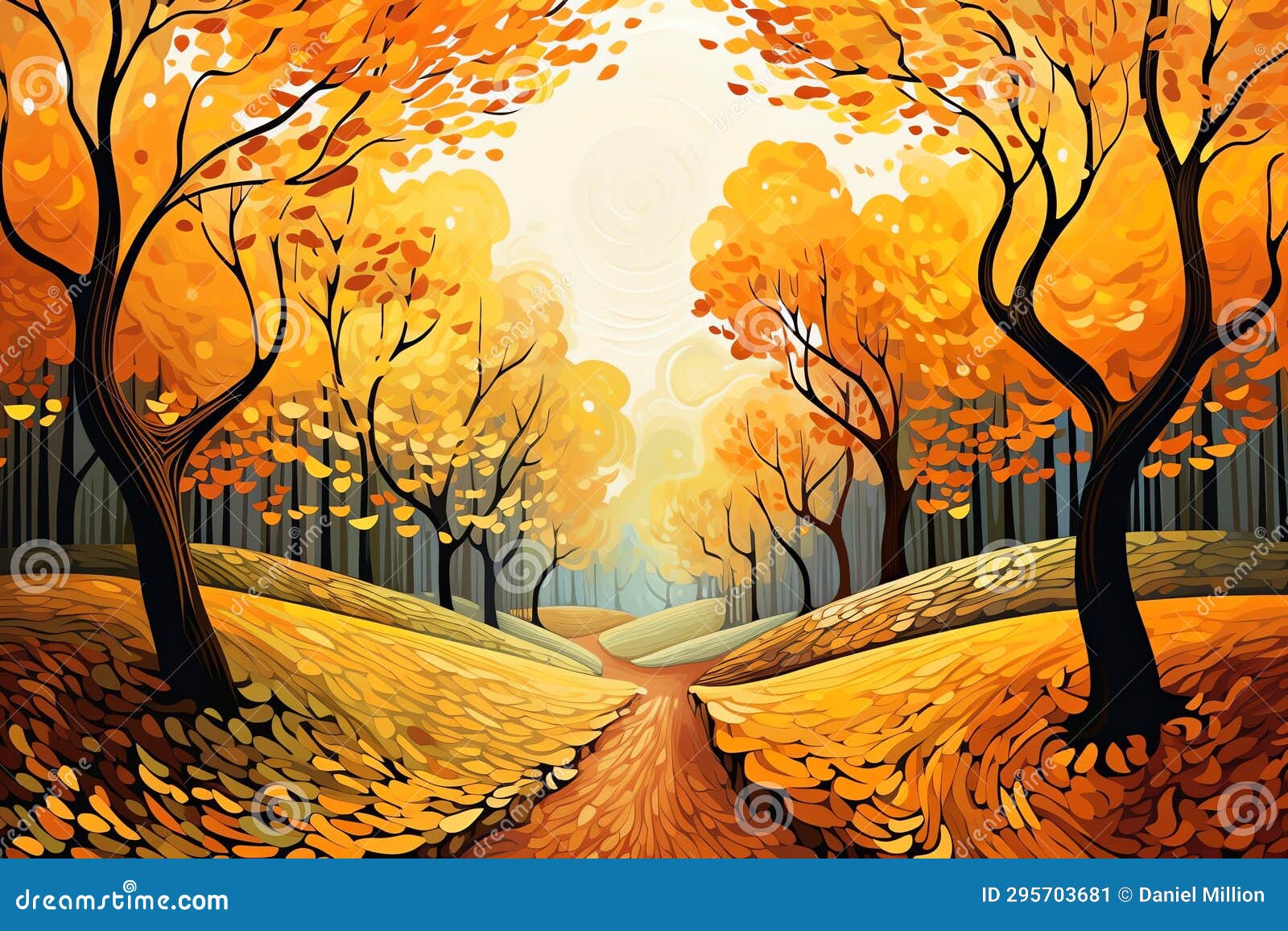 A Country Road Winding through a Corridor of Brilliant Trees Vector ...
