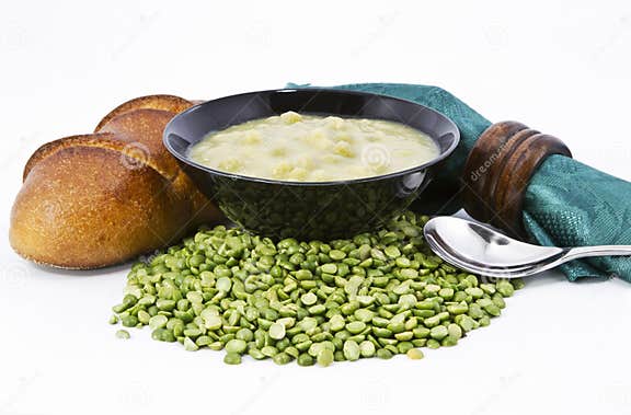 Country Split Pea Soup and Fresh Bread Stock Photo - Image of green ...