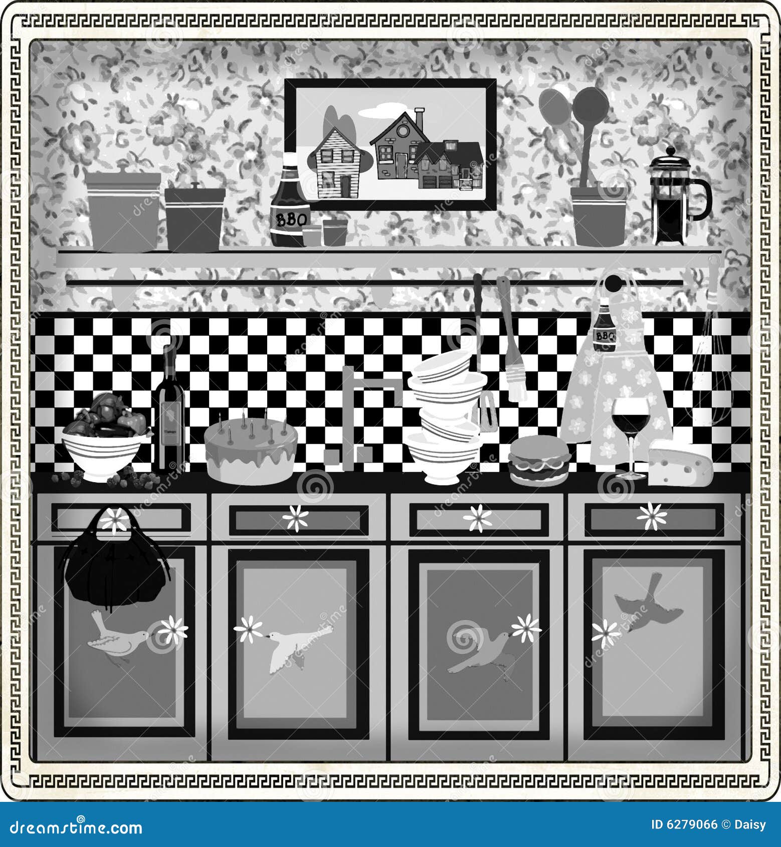 Country Style Retro Kitchen Design Stock Illustration - Illustration of ...