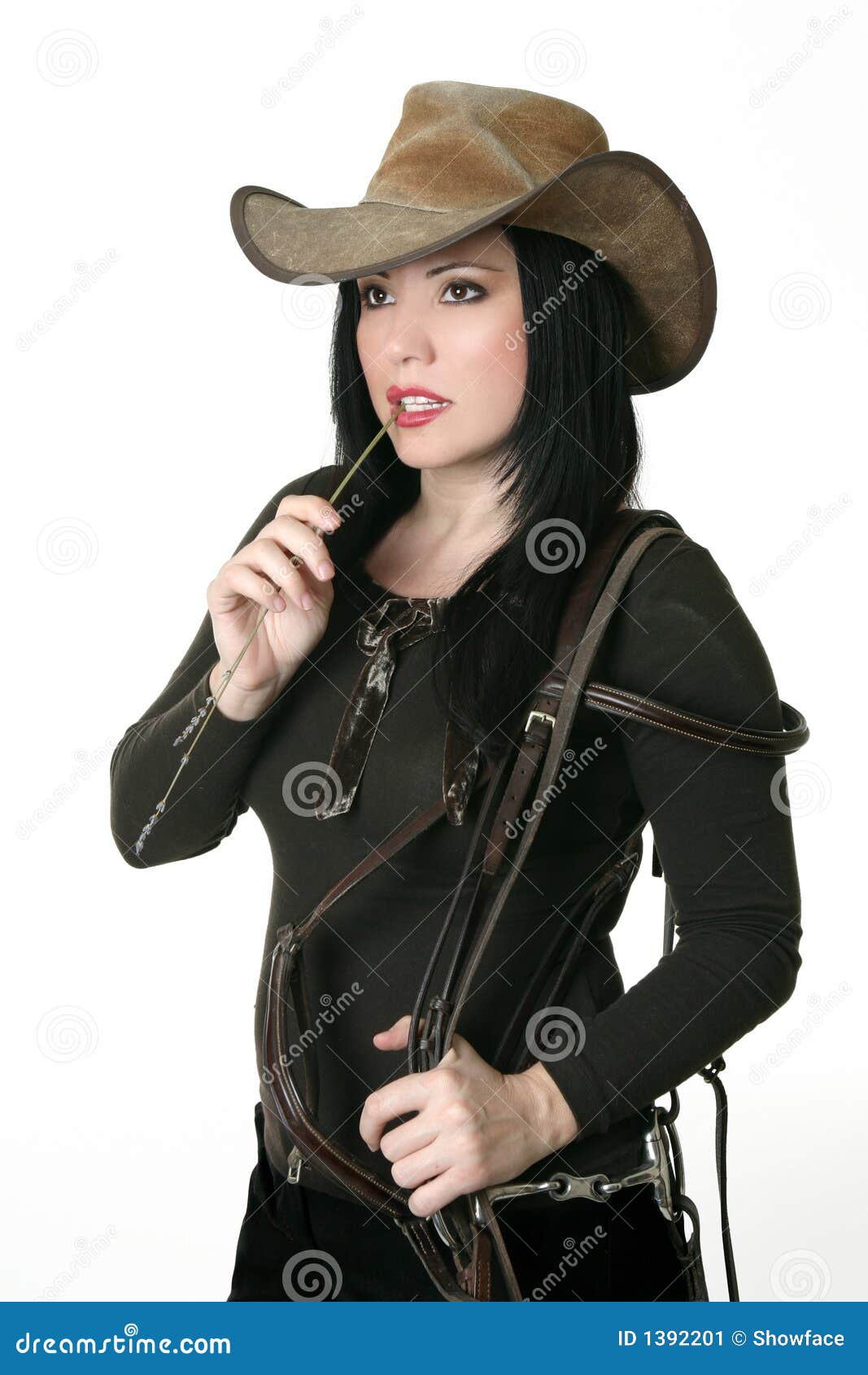 Country Woman Carrying a Bridle Stock Image - Image of female, akubra ...