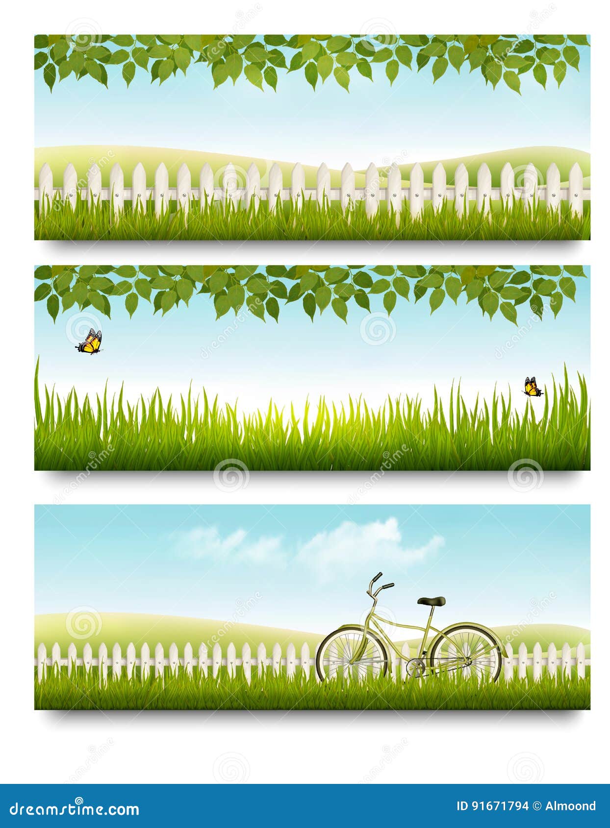 Countryside Banners with Grass, White Fence and Leaves. Stock Vector ...
