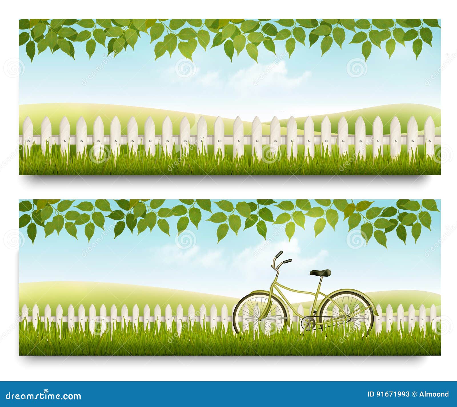 Countryside Banners with Grass, White Fence and Leaves. Stock Vector ...