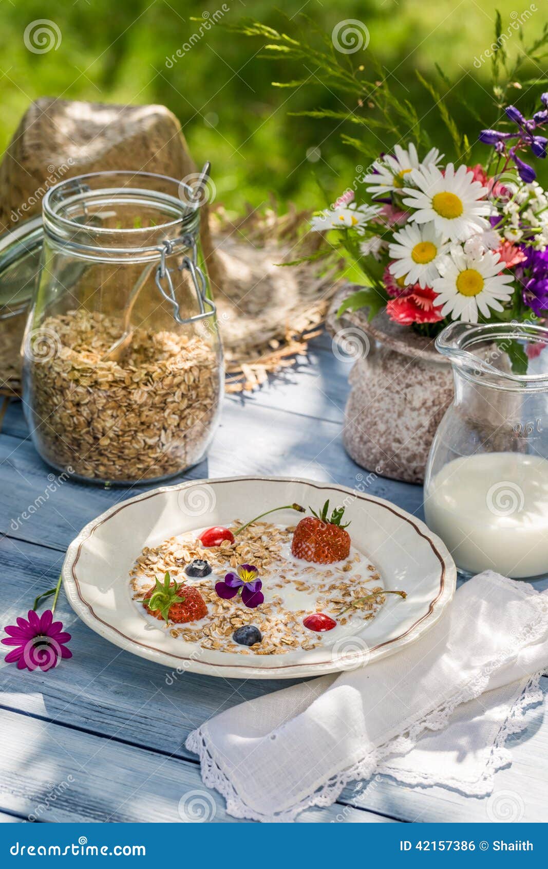 Countryside Breakfast in the Garden Stock Photo - Image of diet, cereal ...