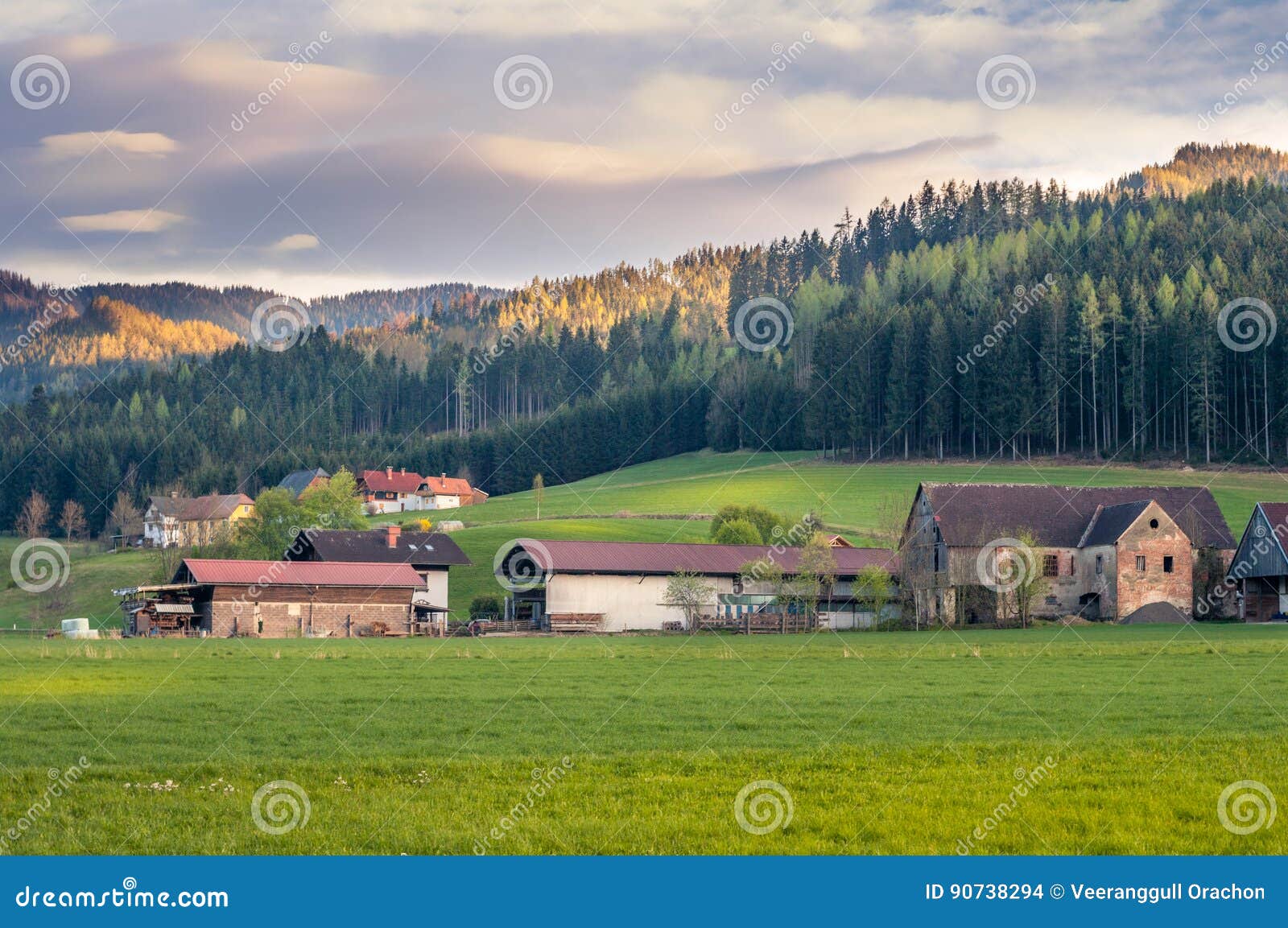 Countryside Haus on Mountains Background and Sunset Lighting Stock ...