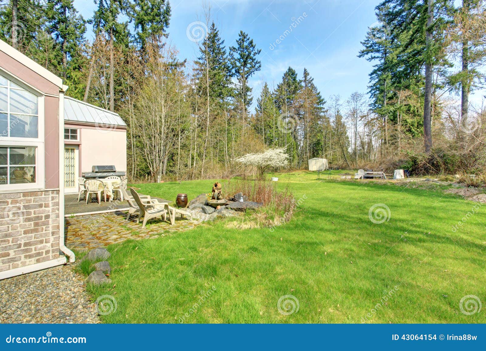 Countryside House. Backyard with Patio Area Stock Photo - Image of ...