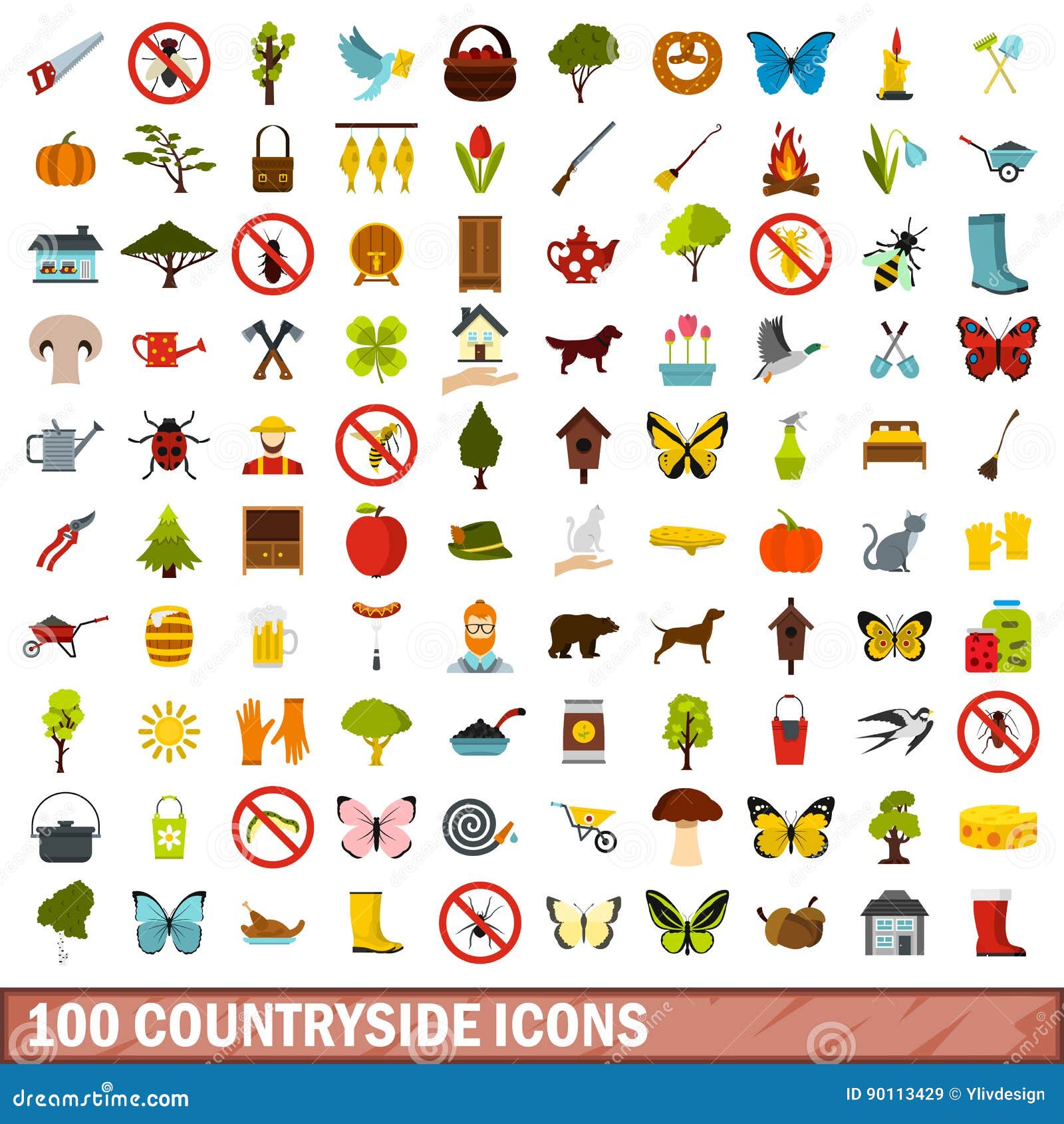 100 Countryside Icons Set, Flat Style Stock Vector - Illustration of ...