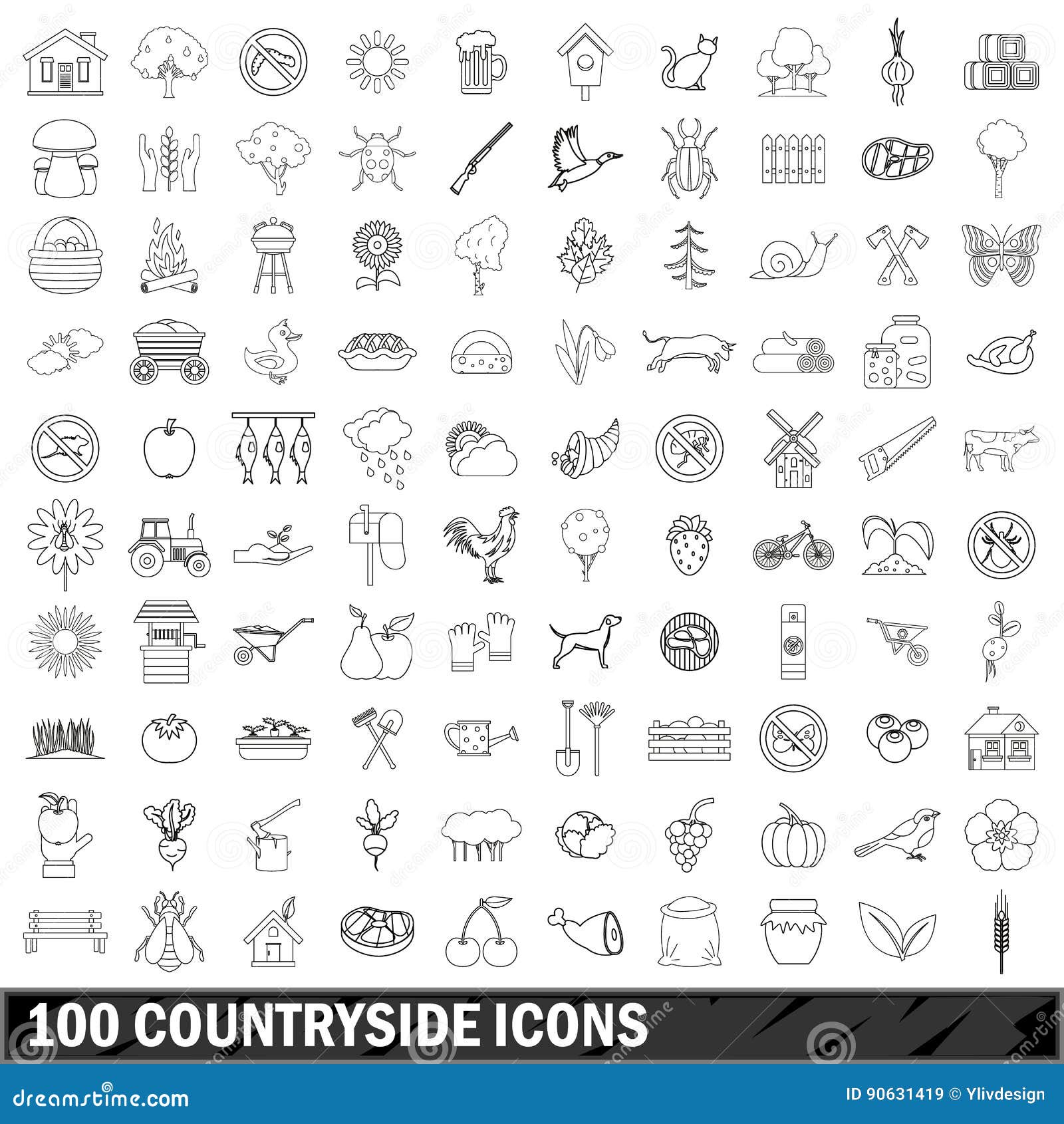 100 Countryside Icons Set, Outline Style Stock Vector - Illustration of ...