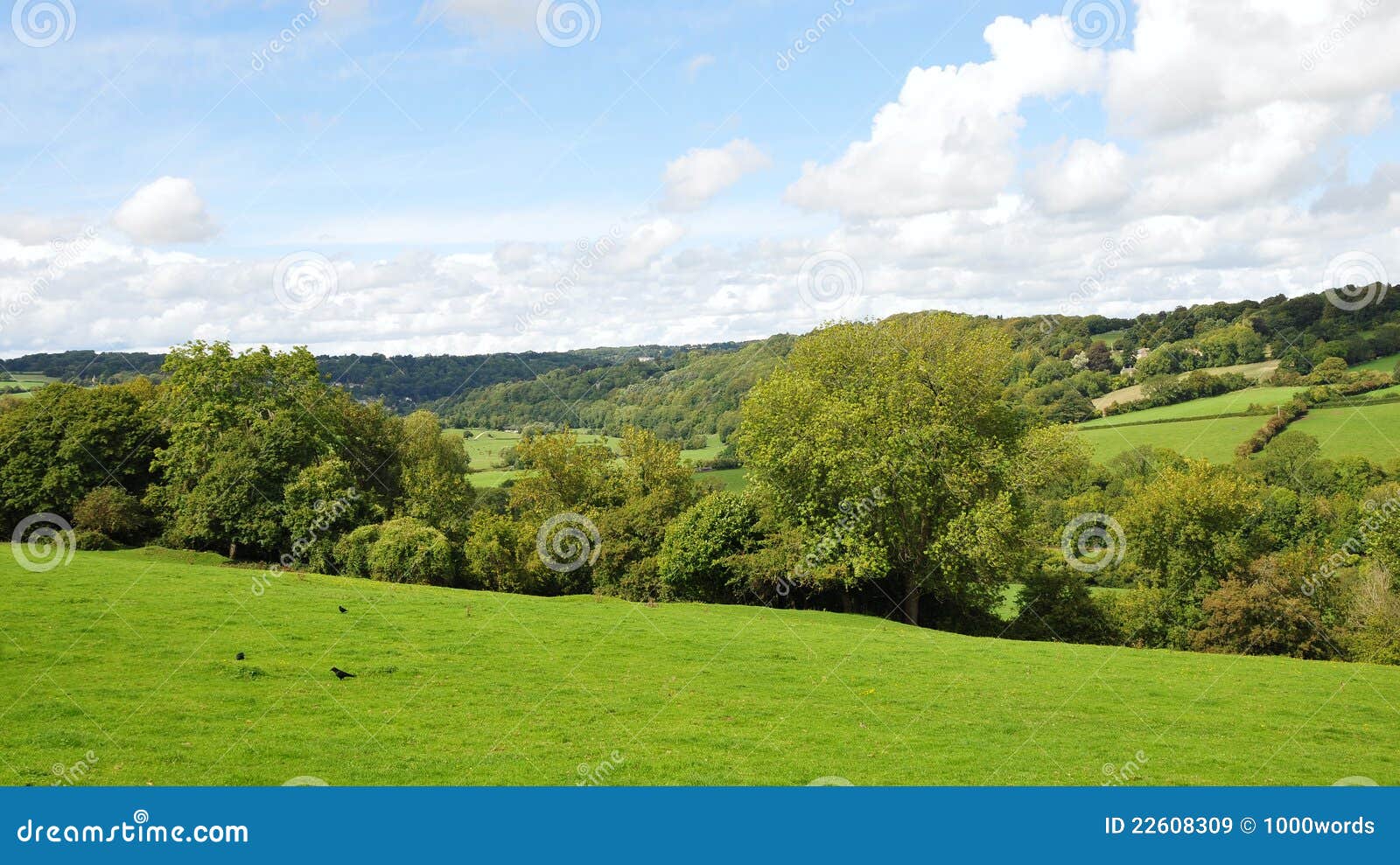 Countryside Landscape of Green Fields Stock Image - Image of clouds ...