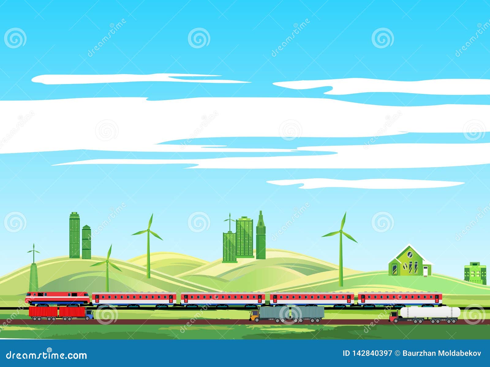 Countryside Landscape, Train on Railroad, Highwayr Stock Vector ...