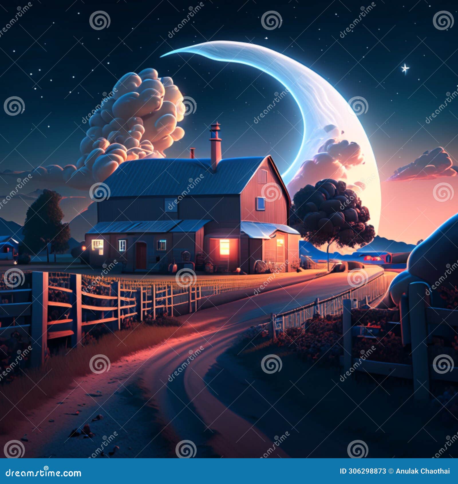 Countryside at Night with Moon and Clouds. 3d Rendering Stock ...