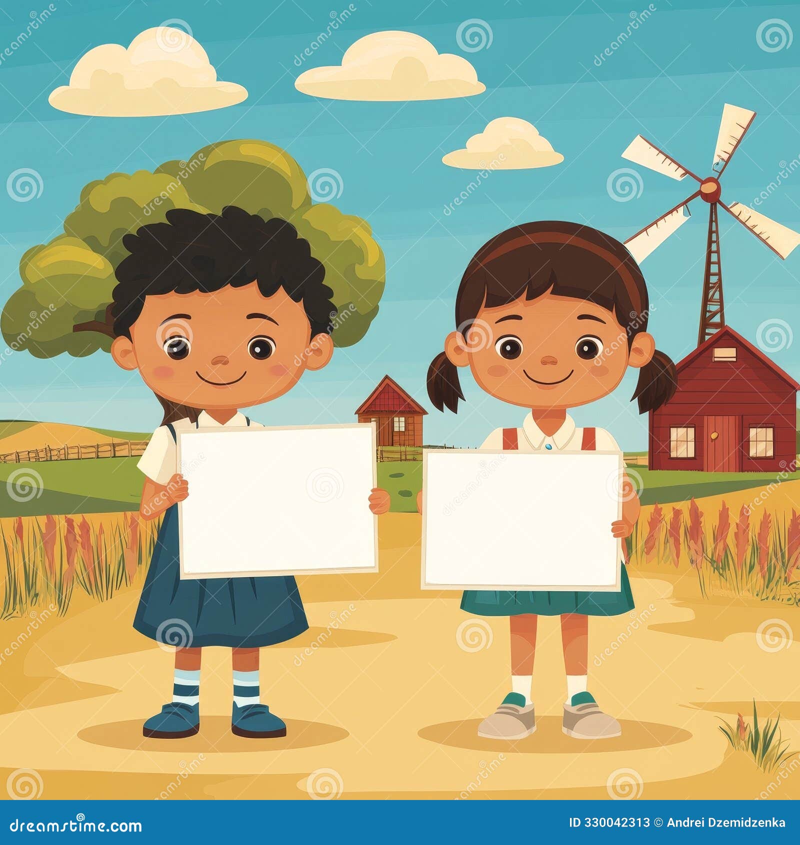 In the Countryside, Two Kids Hold Blank Signs Stock Image - Image of ...