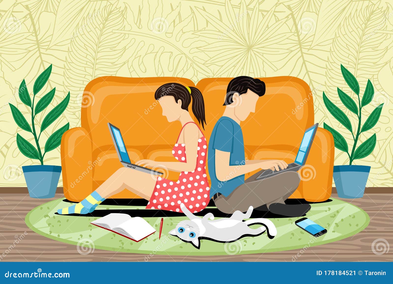 Couple Sitting with Laptops. Stock Vector - Illustration of lifestyle ...