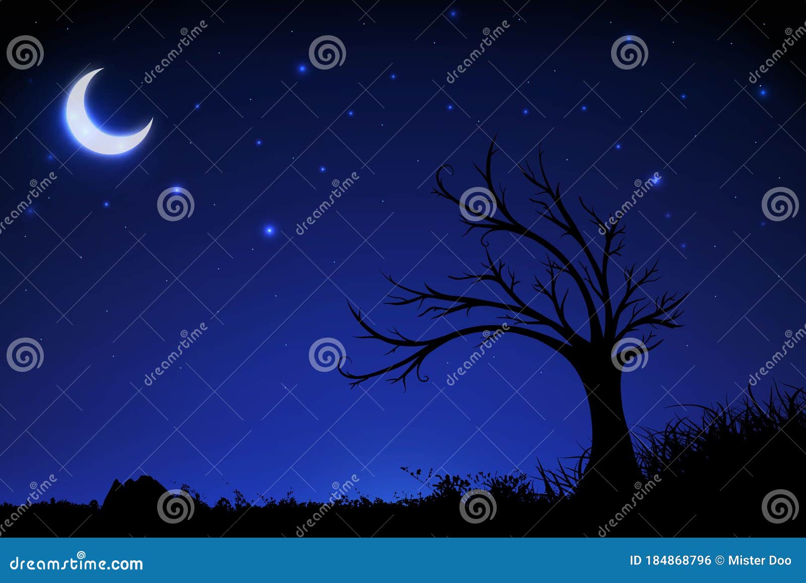 Gradient Starry Night Background with Crescent Moon, Tree Silhouette ...