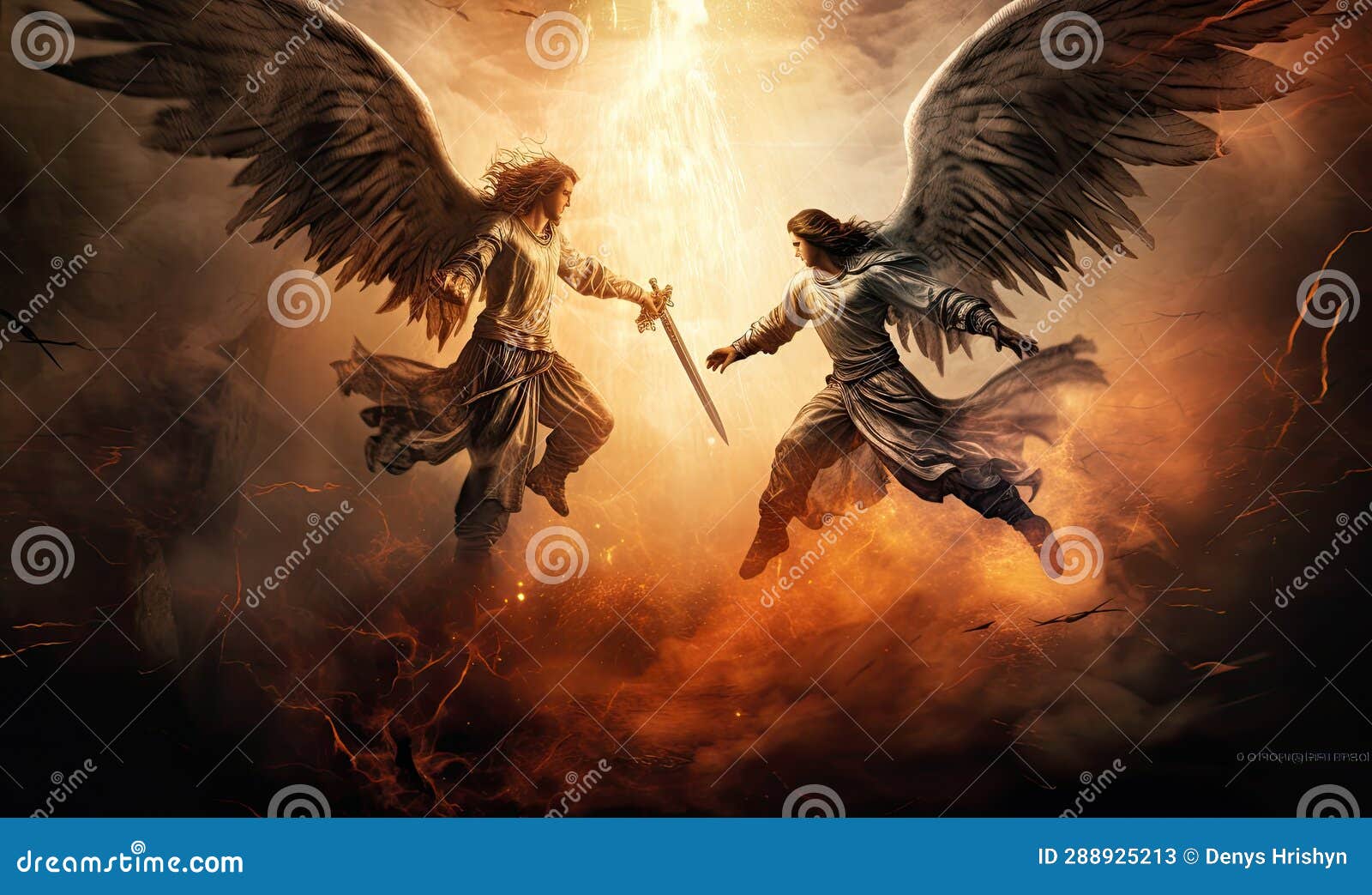 Photo Of An Intense Battle Between Angels And A Demon Stock Image 288925213