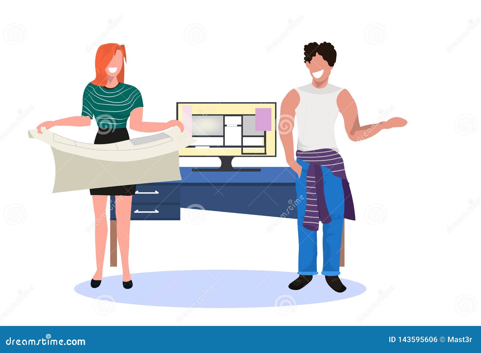 Couple Architects Holding Blueprint Working on Computer Software To ...