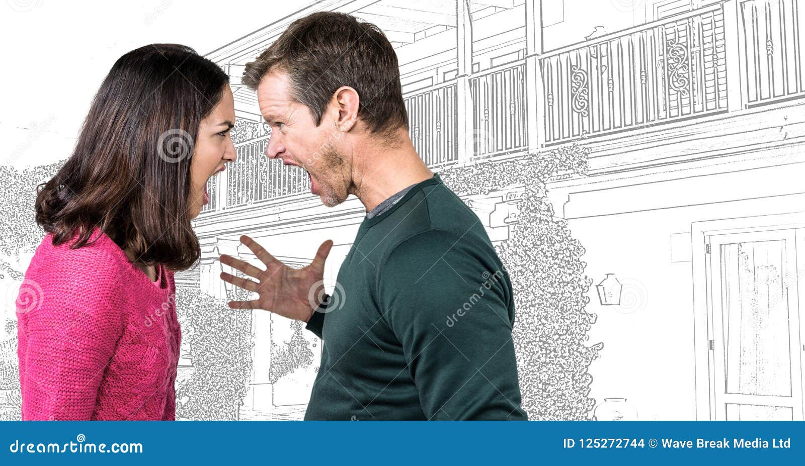 Couple Argueing in Front of House Drawing Sketch Stock Photo - Image of ...