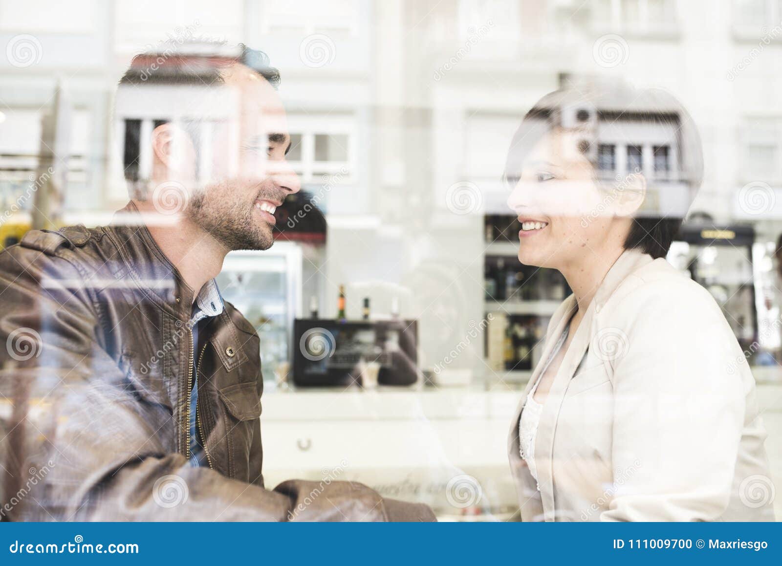 Couple in Bar, Reflections Window View Stock Photo - Image of smile ...