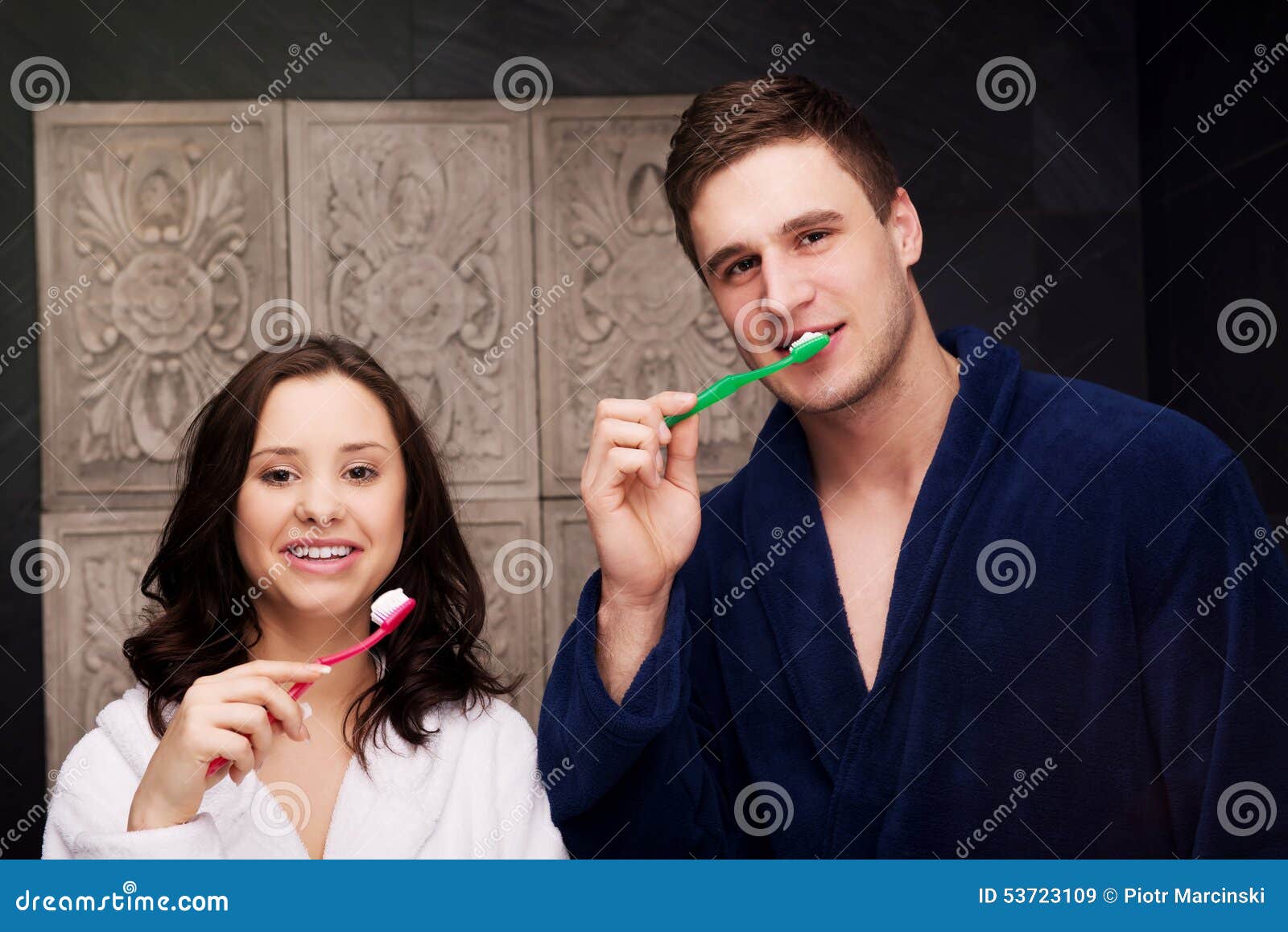 Couple in the Bathroom Brushing Teeth. Stock Image - Image of morning ...