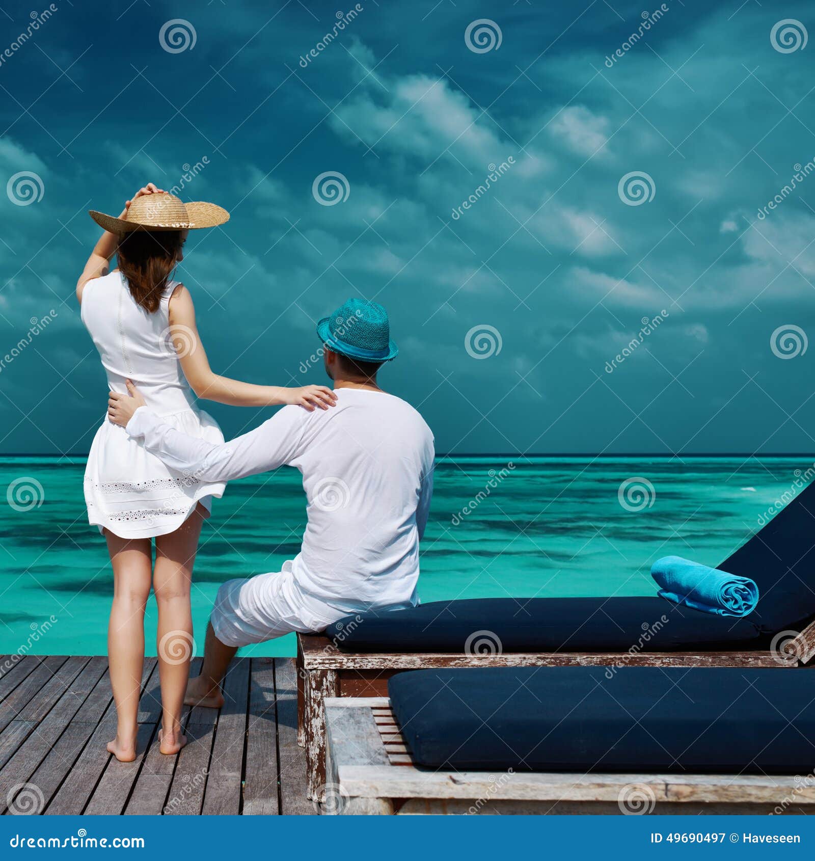 Couple on a Beach Jetty at Maldives Stock Image - Image of holiday ...