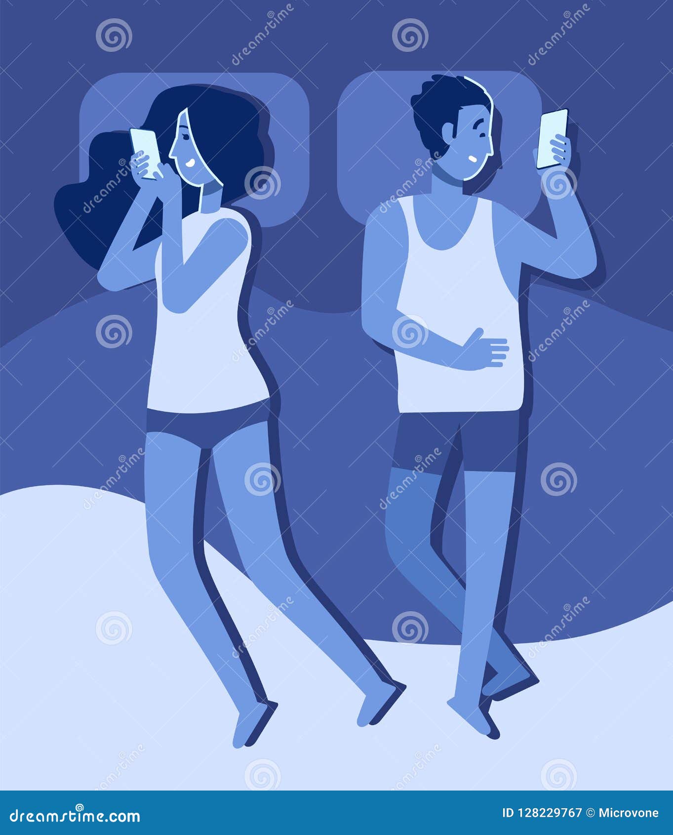 Couple In Bed With Smartphones Man And Woman Lying With Cellphones In