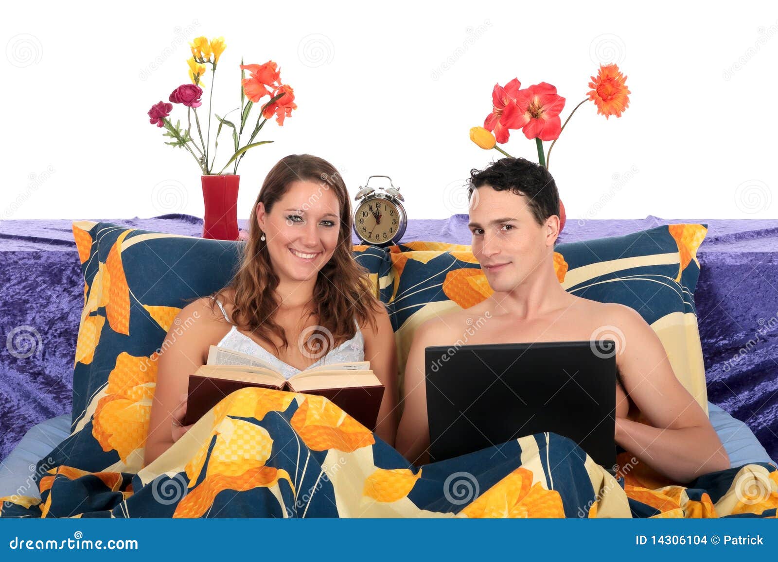 Couple, Bedroom Laptop Book Stock Photo - Image of home, female: 14306104