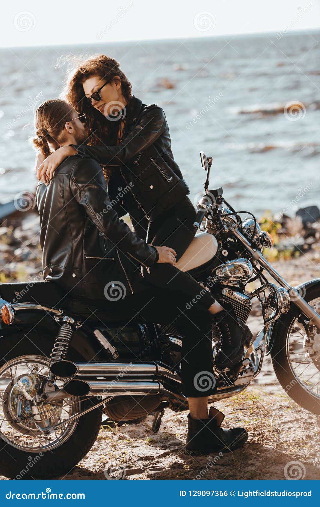Couple of Bikers Hugging on Classical Motorcycle Stock Photo - Image of ...