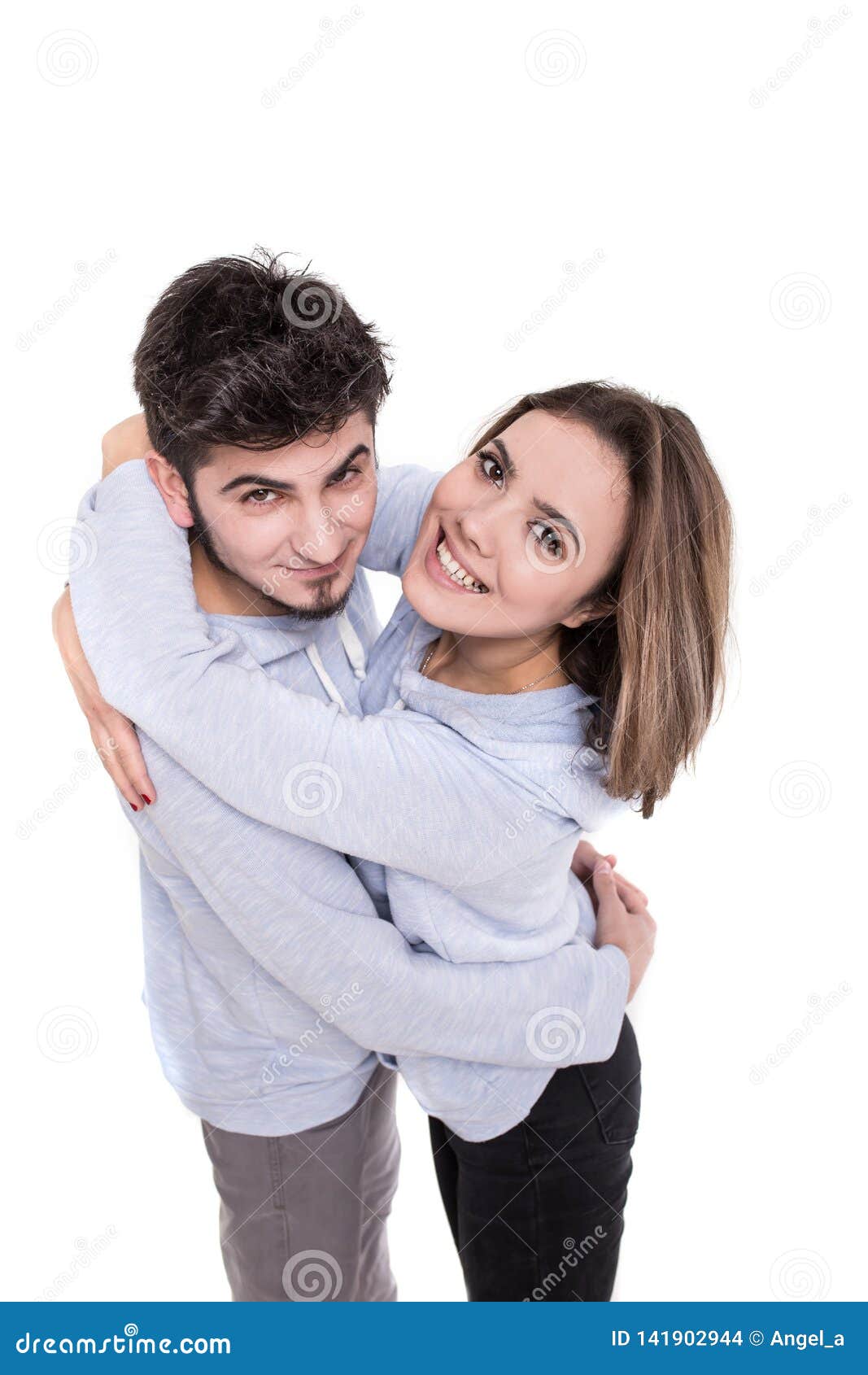 Couple in Blue Hugging Isolated on White Stock Photo - Image of kiss ...