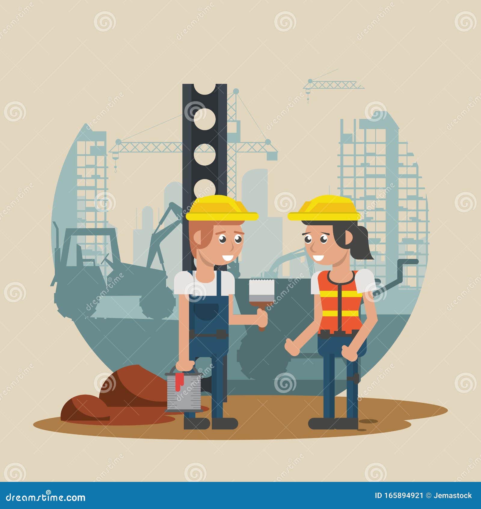 Couple of Builders Working Under Construction Scene Stock Vector - Illustration of hardhats ...