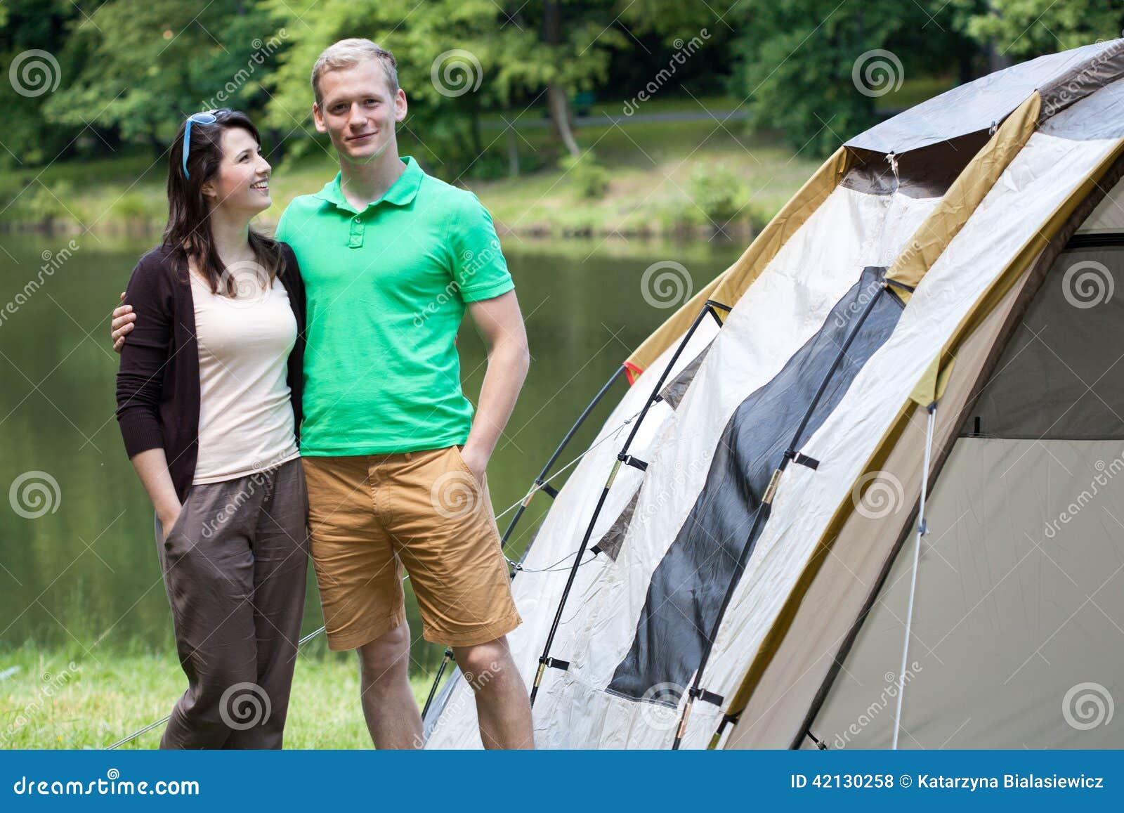 Couple on Camping by the Lake Stock Photo - Image of happy, outdoors ...
