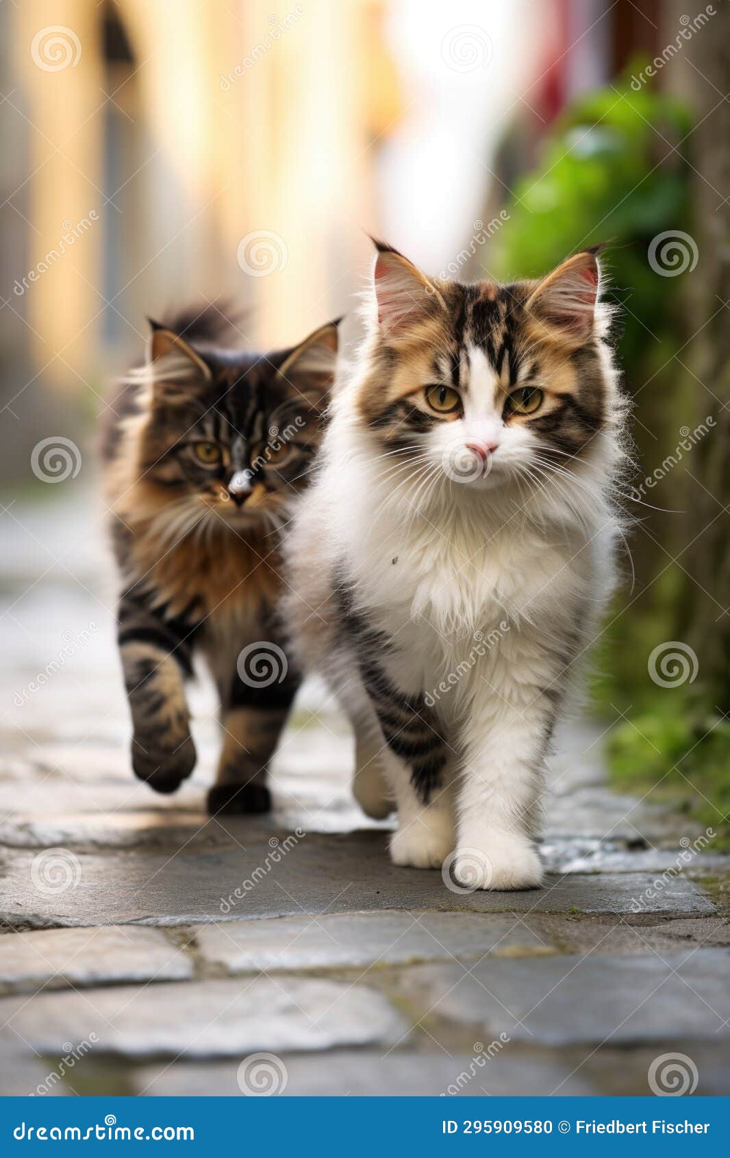 A Couple of Cats Walking Down a Sidewalk Stock Photo - Image of striped ...