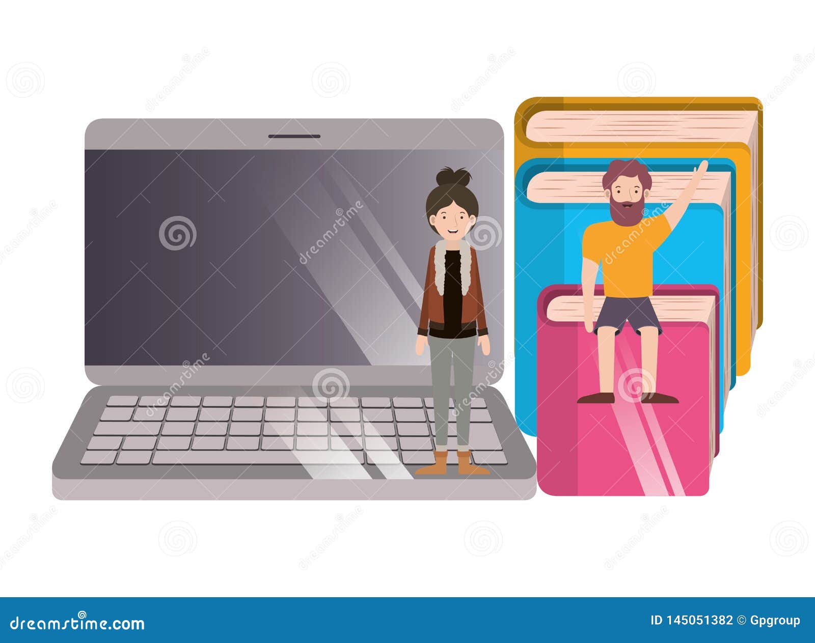 Couple with Computer Desktop and Books Stock Vector - Illustration of ...