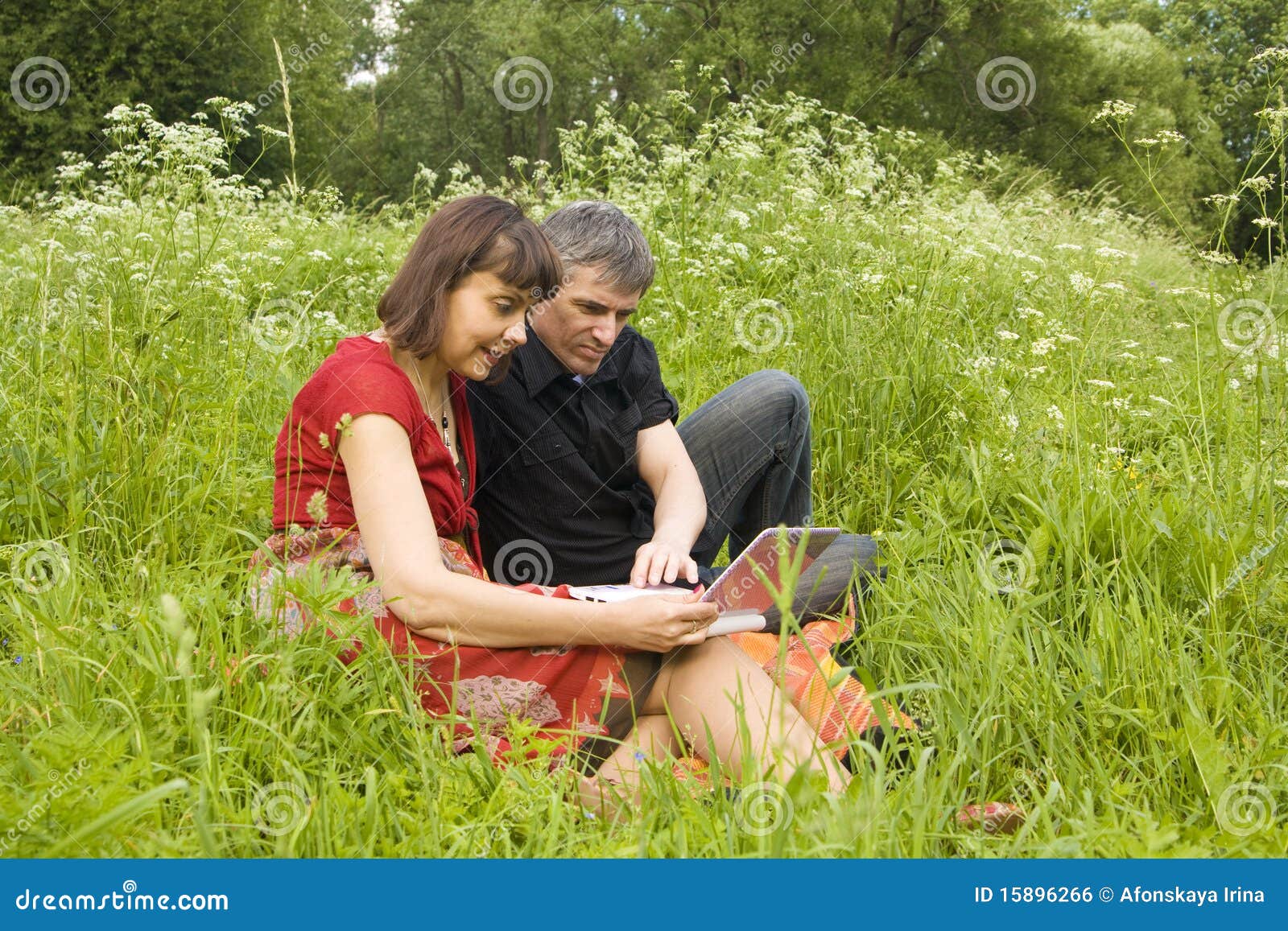 Couple with Computer on Grass Stock Photo - Image of notebook, male ...