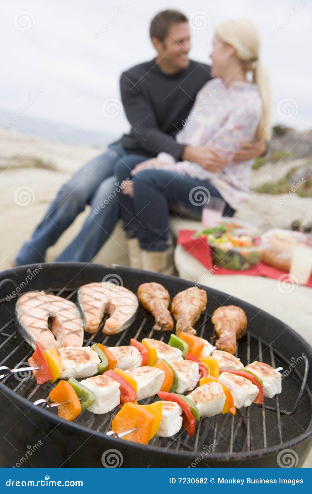 Couple Cooking Beach Barbeque Stock Photo - Image of background, color ...