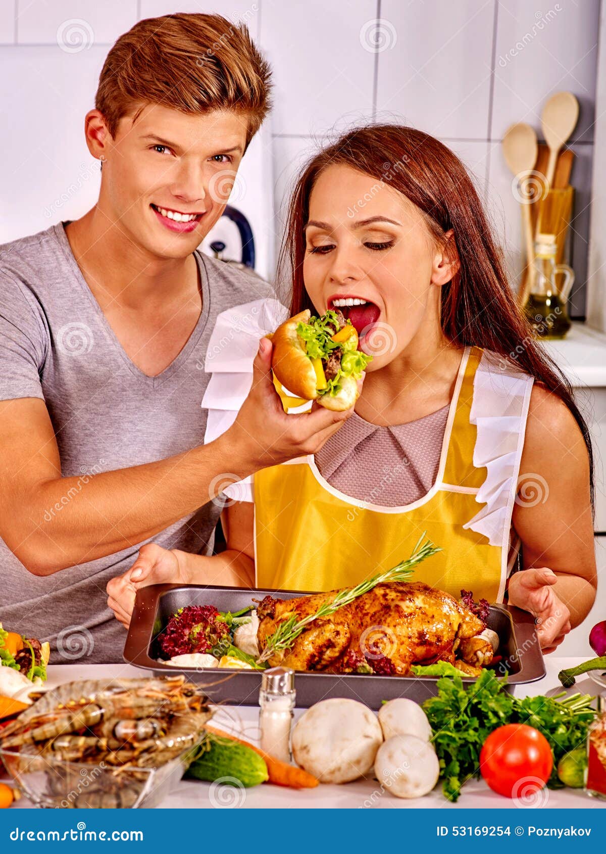 Couple Cooking Chicken at Kitchen Stock Photo - Image of lunch, happy ...