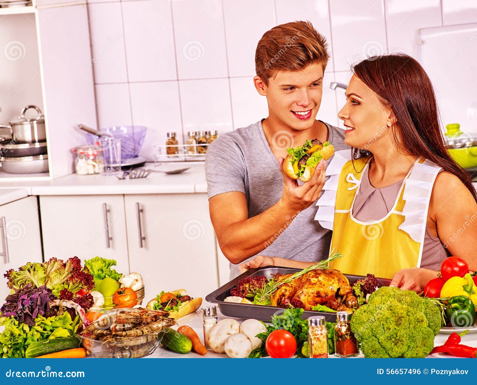 Couple Cooking Chicken at Kitchen Stock Photo - Image of love ...