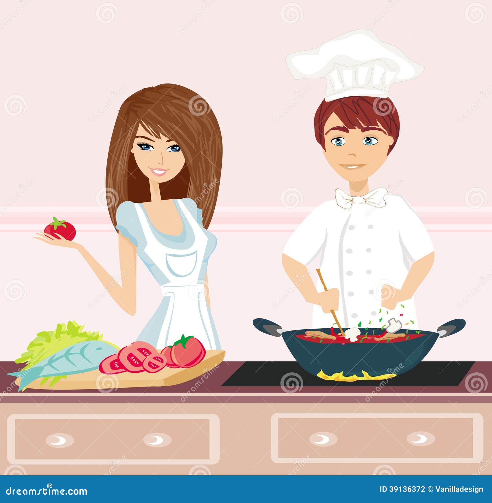 Couple cooking dinner stock vector. Illustration of food - 39136372