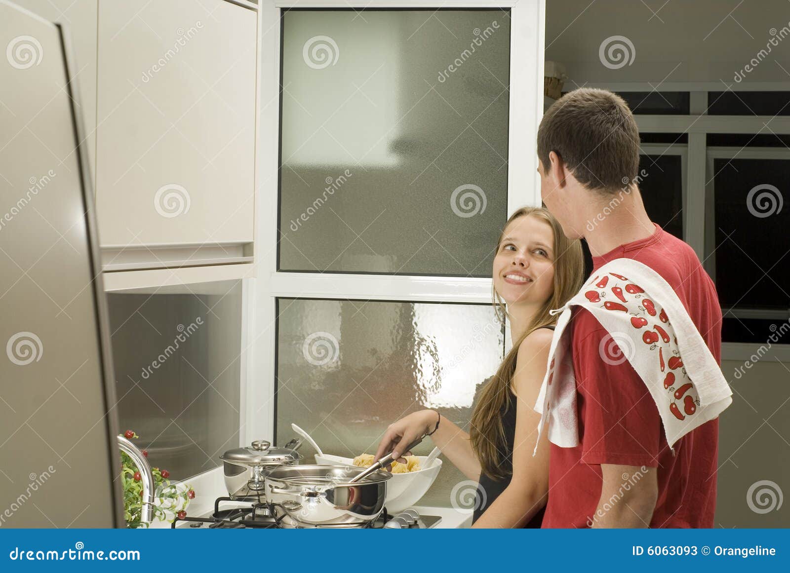 Couple Cooks in Kitchen - Horizontal Stock Image - Image of adult ...