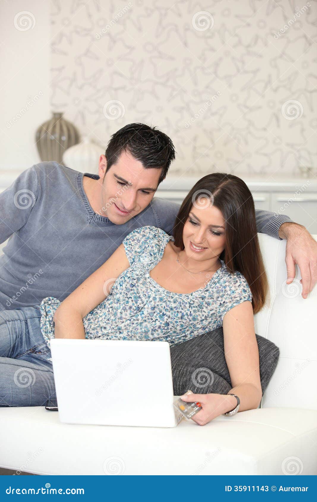 Couple on Couch with Computer Stock Image - Image of blog, deliver ...