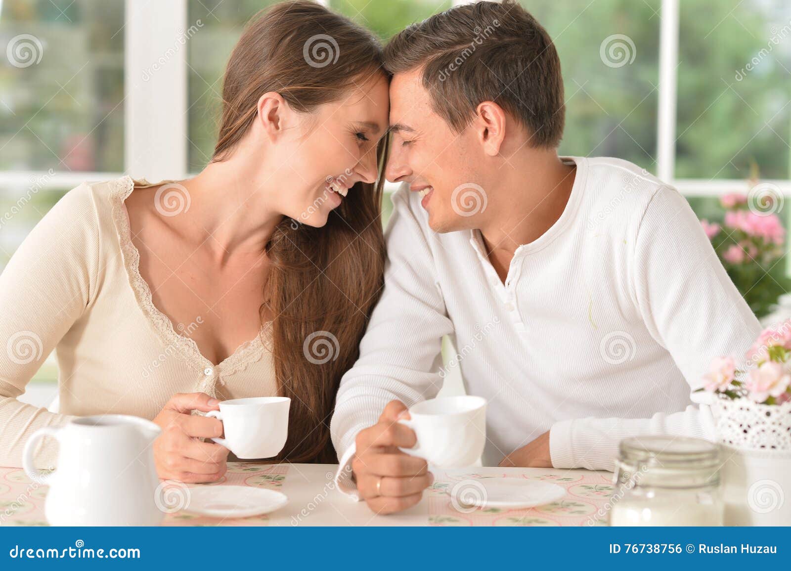 Couple with Cups of Tea in the Kitchen Stock Photo - Image of lovely ...