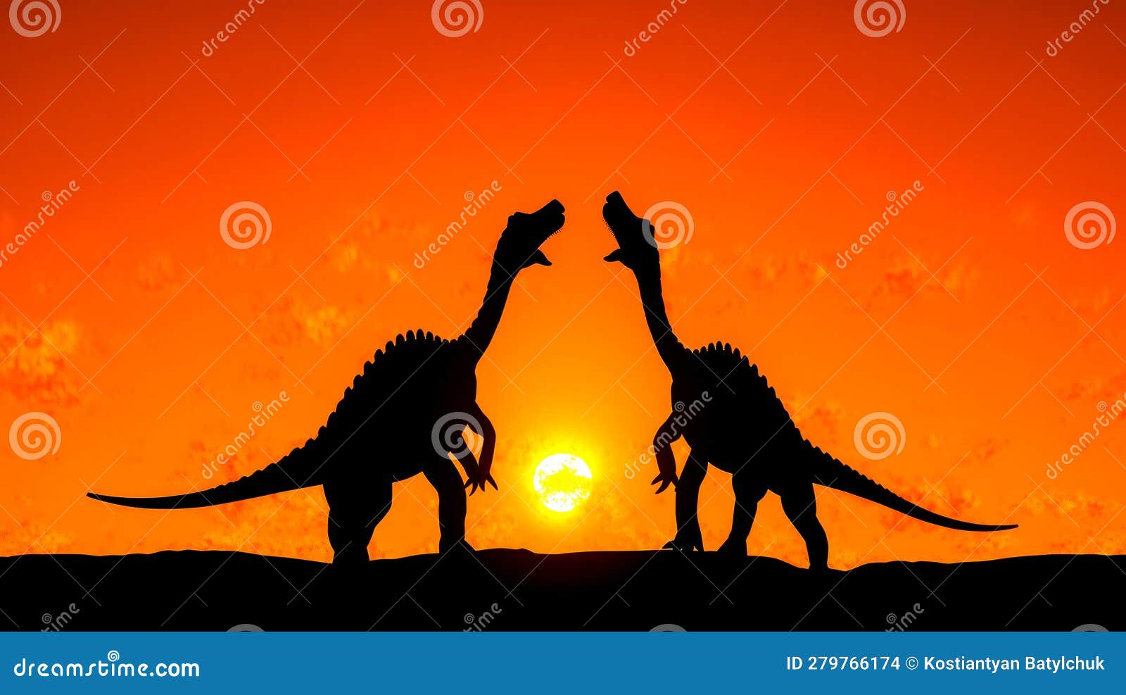 Couple of Dinosaurs Standing Next To Each Other in Front of Sunset ...