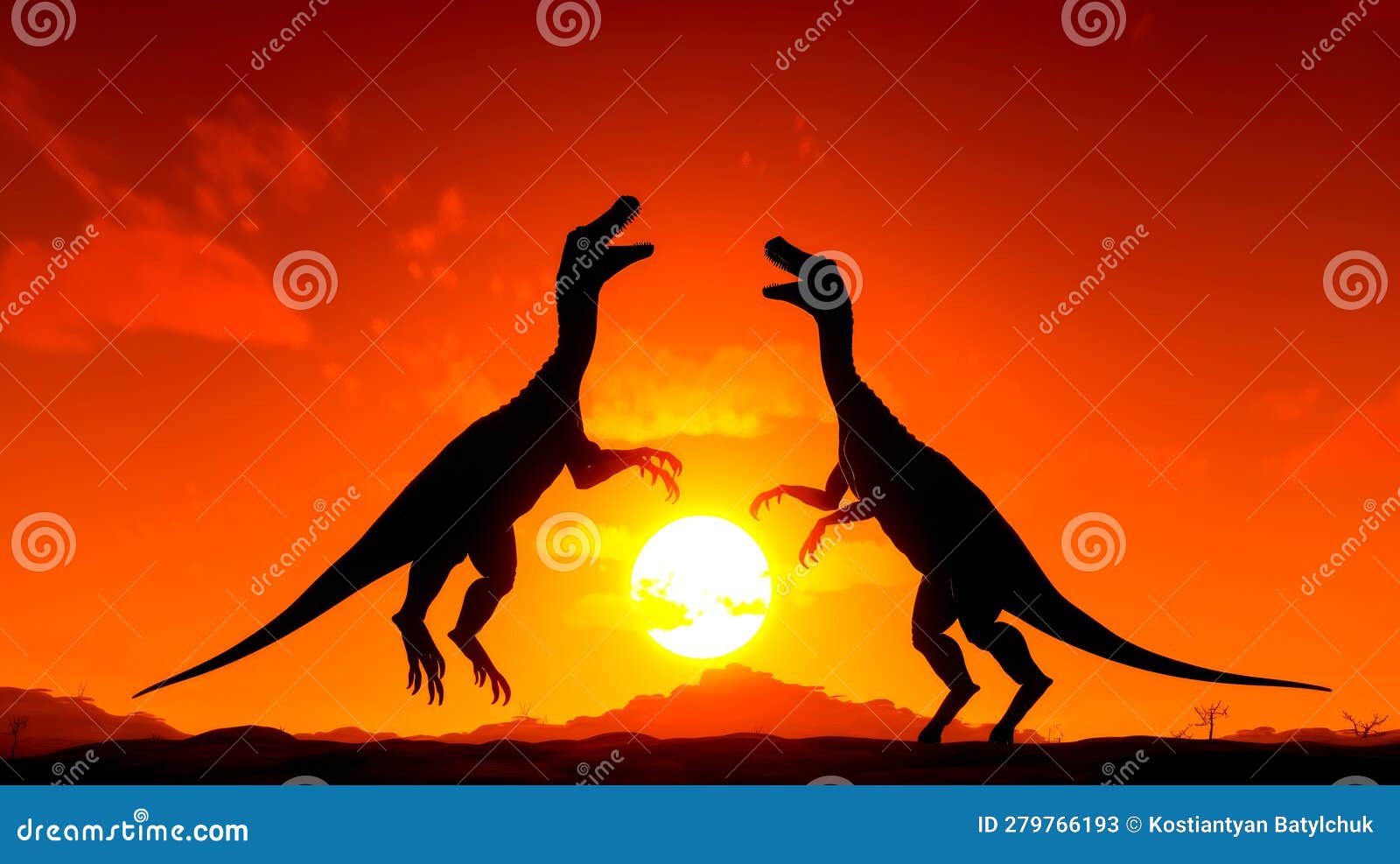 Couple of Dinosaurs Standing Next To Each Other in Front of Sunset ...