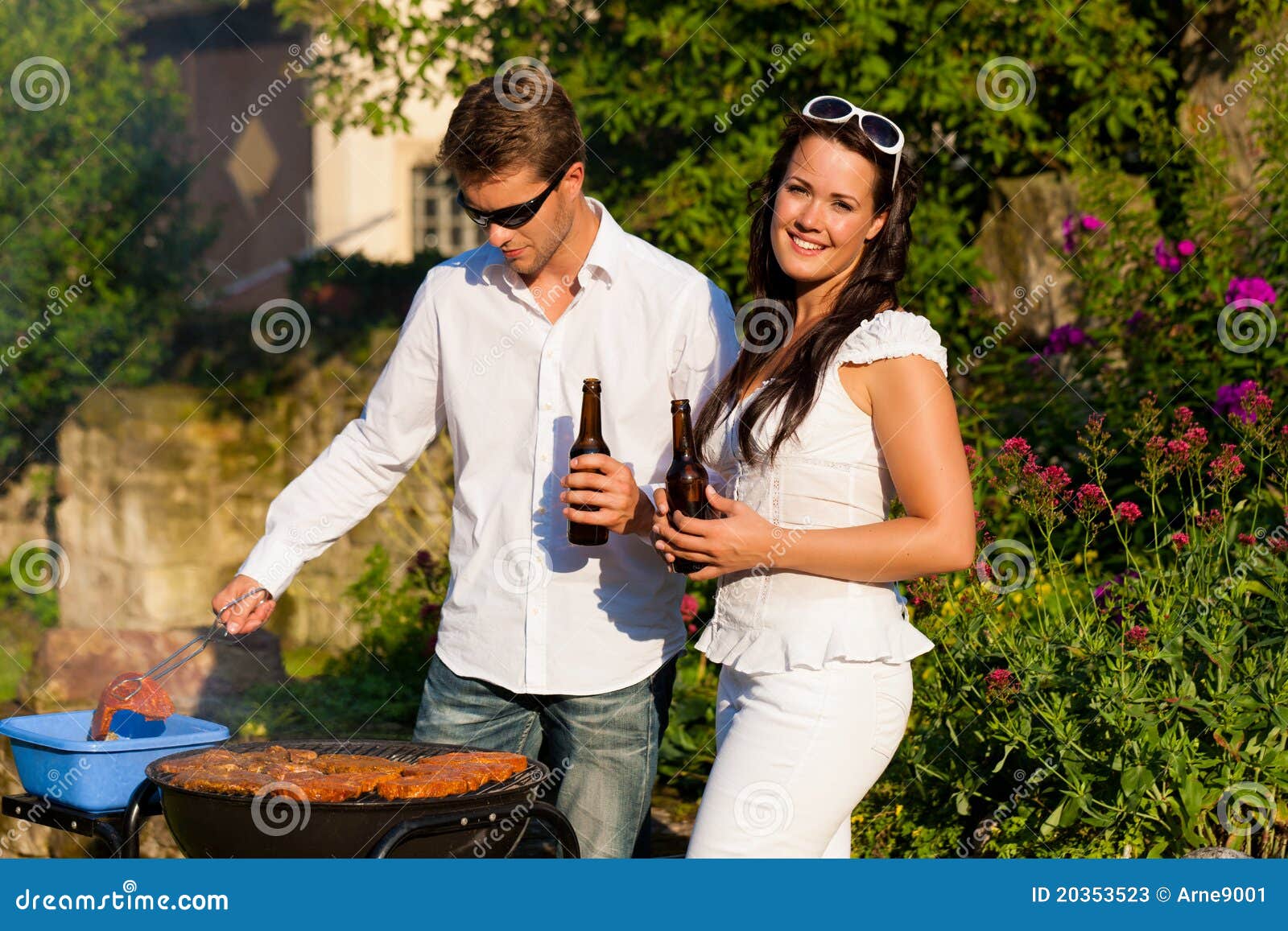 Couple Doing BBQ in Garden in Summer Stock Image - Image of drinking ...