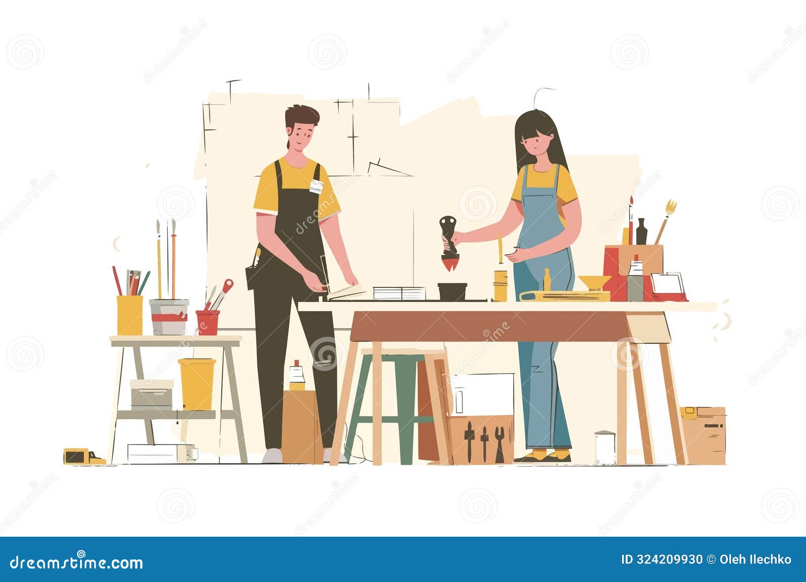 Couple Doing a DIY Home Project Stock Image Isolated Vector Style Stock ...